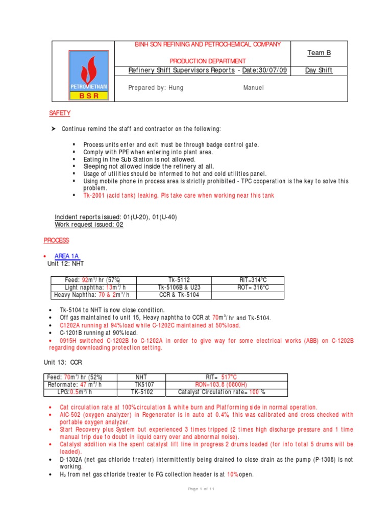 Refinery Shift Supervisors Reports - Day Shift | PDF | Oil Refinery ...