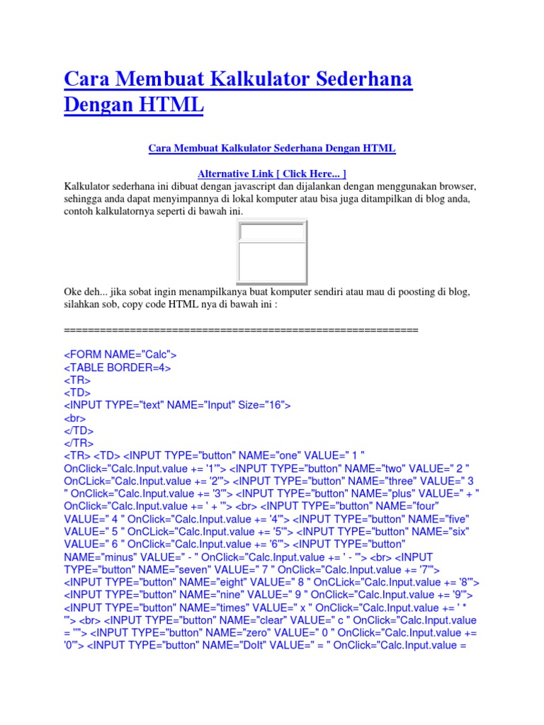 Membuat Kalkulator Sederhana HTML | PDF