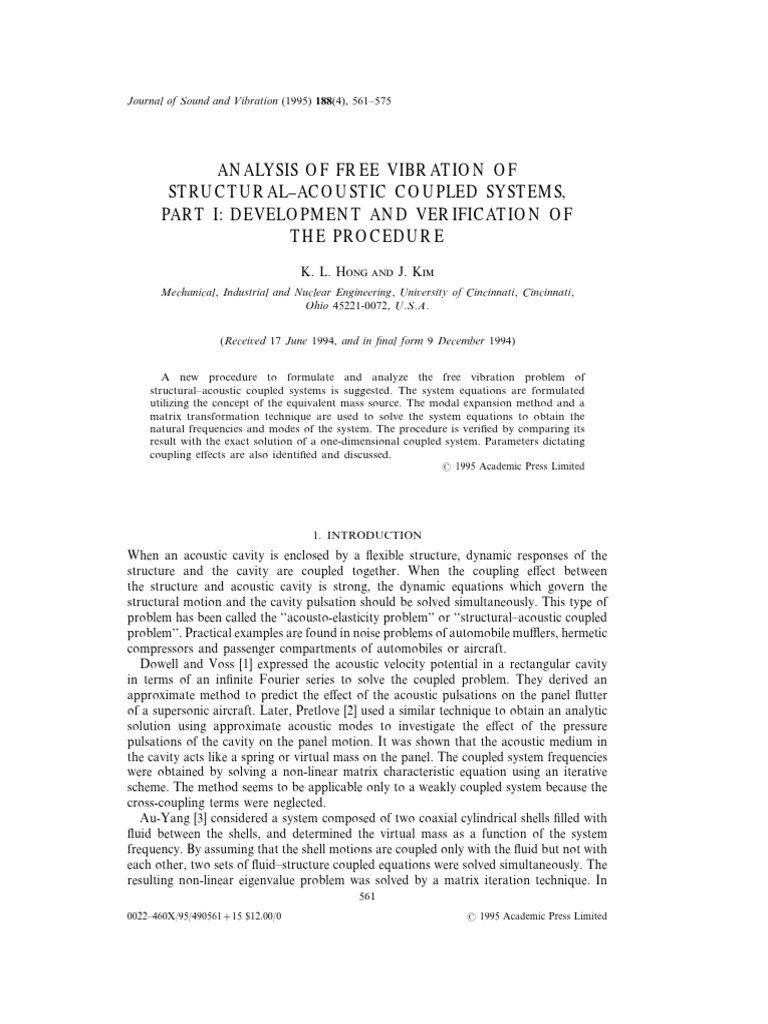 Analysis of Free Vibration of Structural-Acoustic Coupled Systems: Development and Verification ...