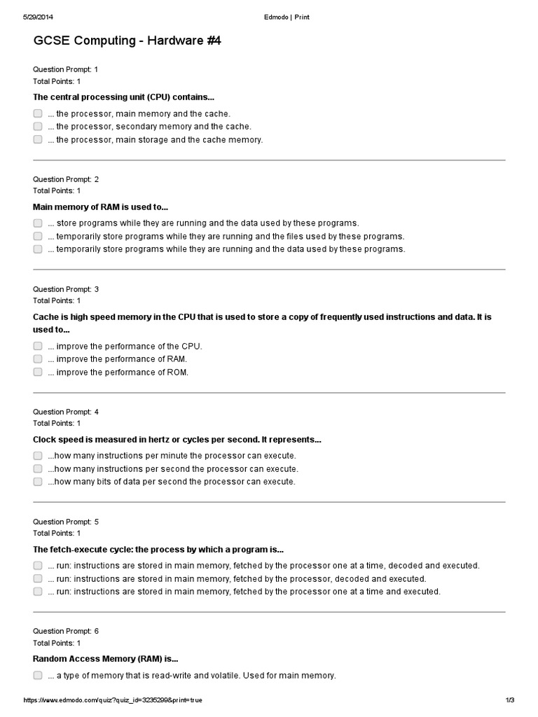 Hardware Revision Quiz | PDF | Computer Data Storage | Random Access Memory