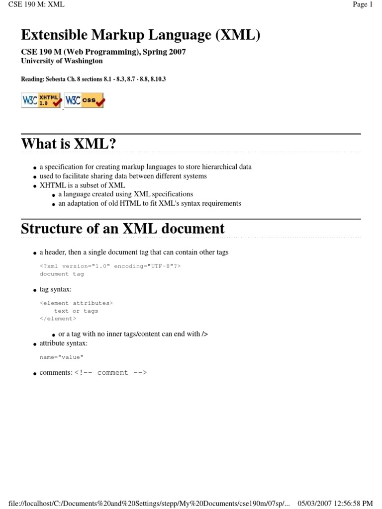 Extensible Markup Language (XML) : CSE 190 M (Web Programming), Spring 2007 | PDF | Html Element ...
