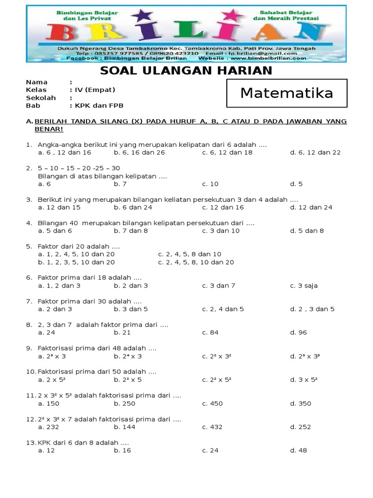Soal Matematika Kelas 4 SD Bab 4 KPK Dan FPB Dan Kunci Jawaban | PDF