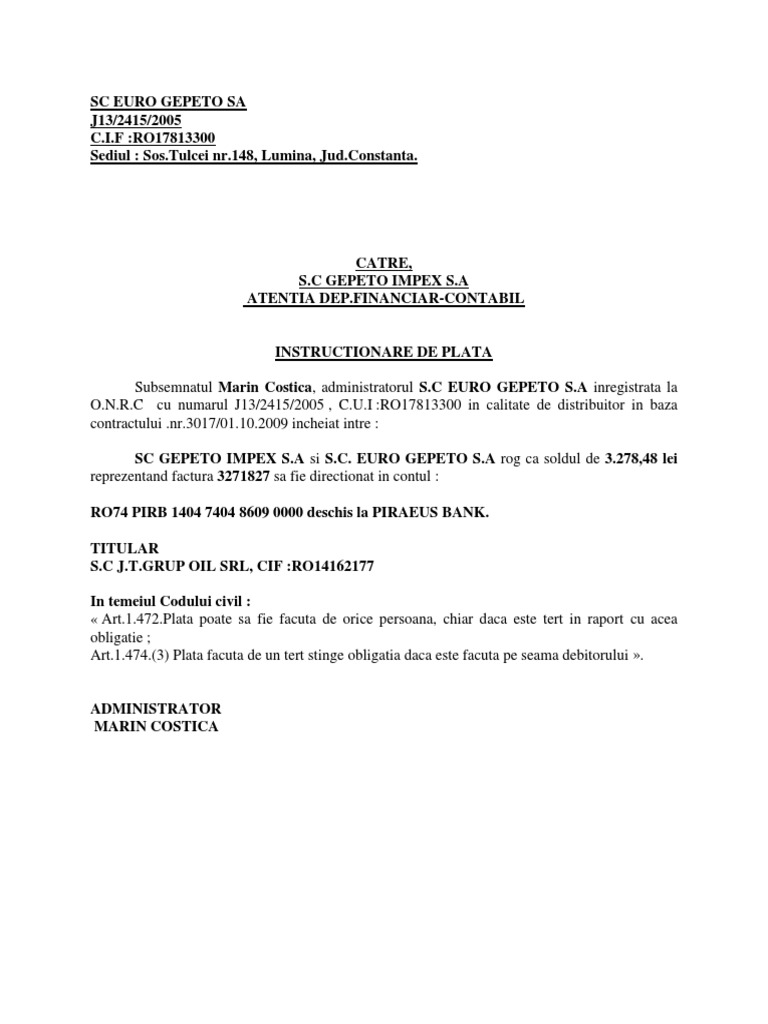 Instructionare de Plata | PDF