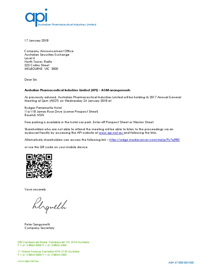 Australian Pharmaceutical Industries Limited (API) - AGM Arrangements ...