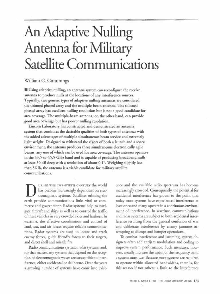 Adaptive Nulling Communications Antenna For Satellite Pdf Antenna