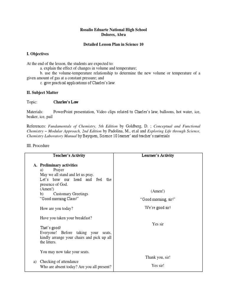 Charles's Law Lesson Plan for Grade 10 | PDF | Gases | Lesson Plan