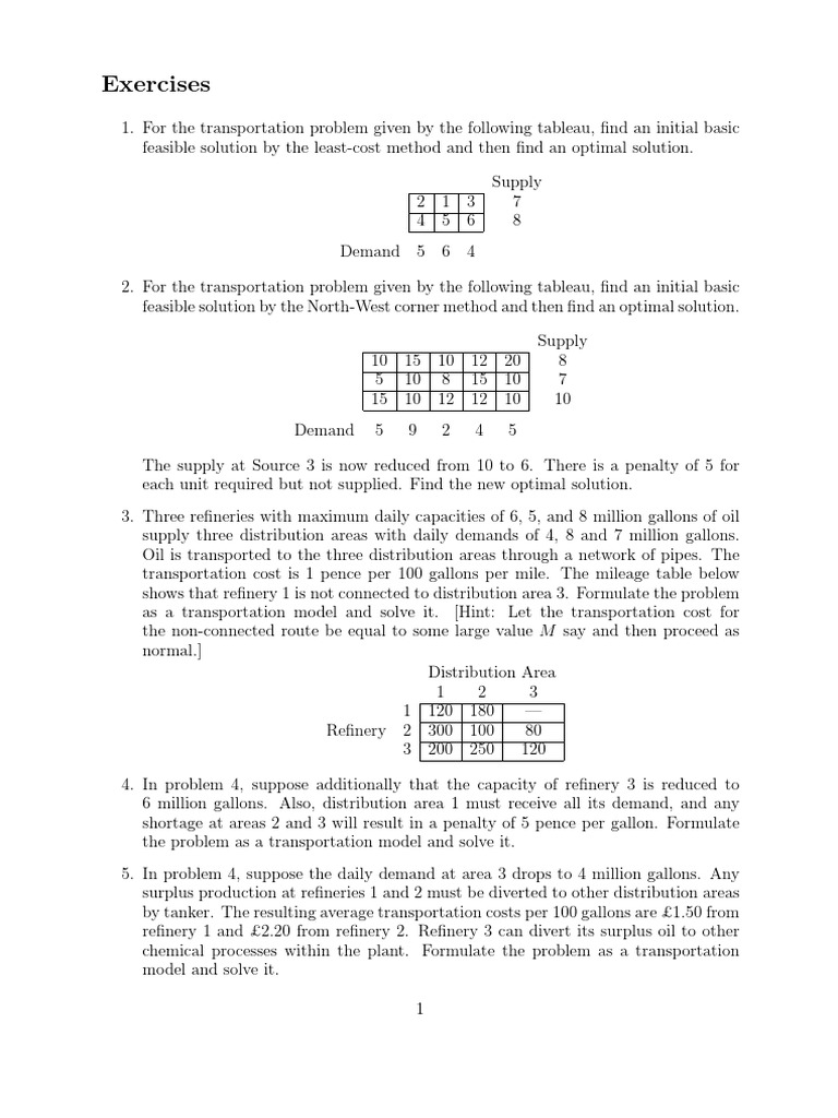 Exercises On Transportation Problem | PDF | Mathematical Optimization ...
