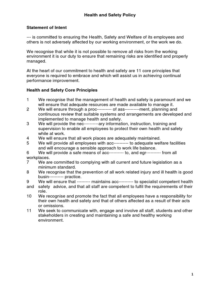 Health and Safety Policy Statement | PDF | Occupational Safety And ...