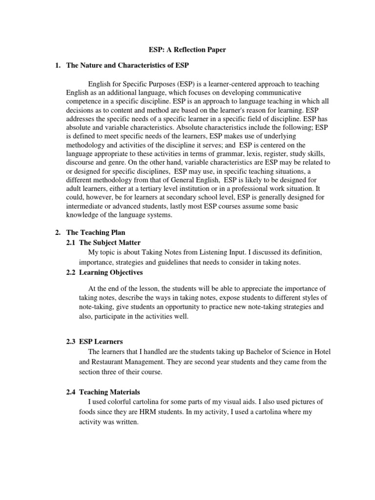 Reflection Paper ESP | PDF | Lesson Plan | English As A Second Or ...