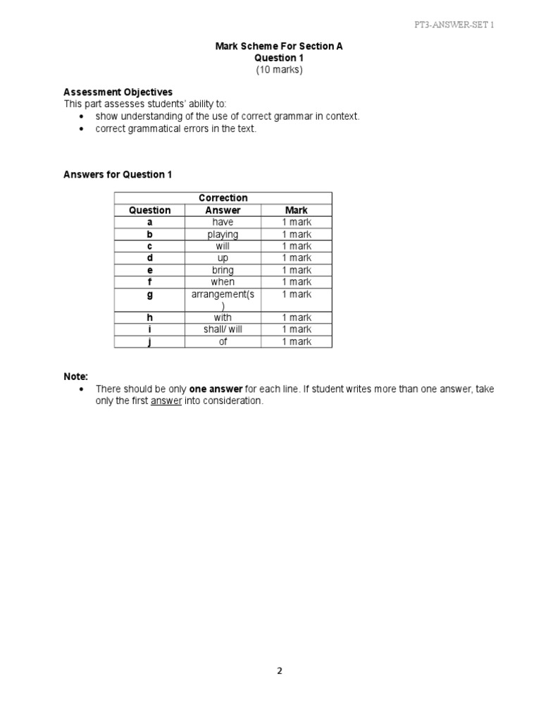 Mark Scheme For Section A: Pt3-Answer-Set 1 | PDF | Question ...