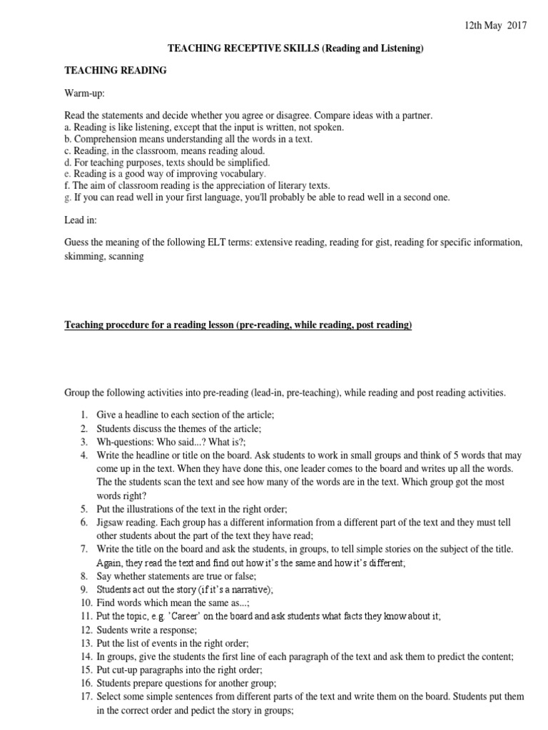 Seminar 8 Teaching Receptive Skills-Reading | PDF | Reading (Process ...