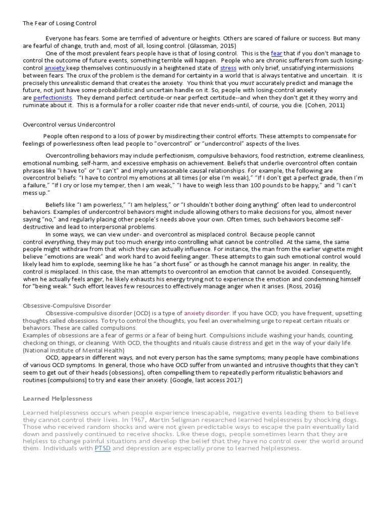 The Fear of Losing Control | PDF | Obsessive–Compulsive Disorder ...