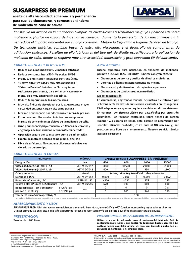 Sugarpress BR Premium | PDF | Lubricante | Azúcar