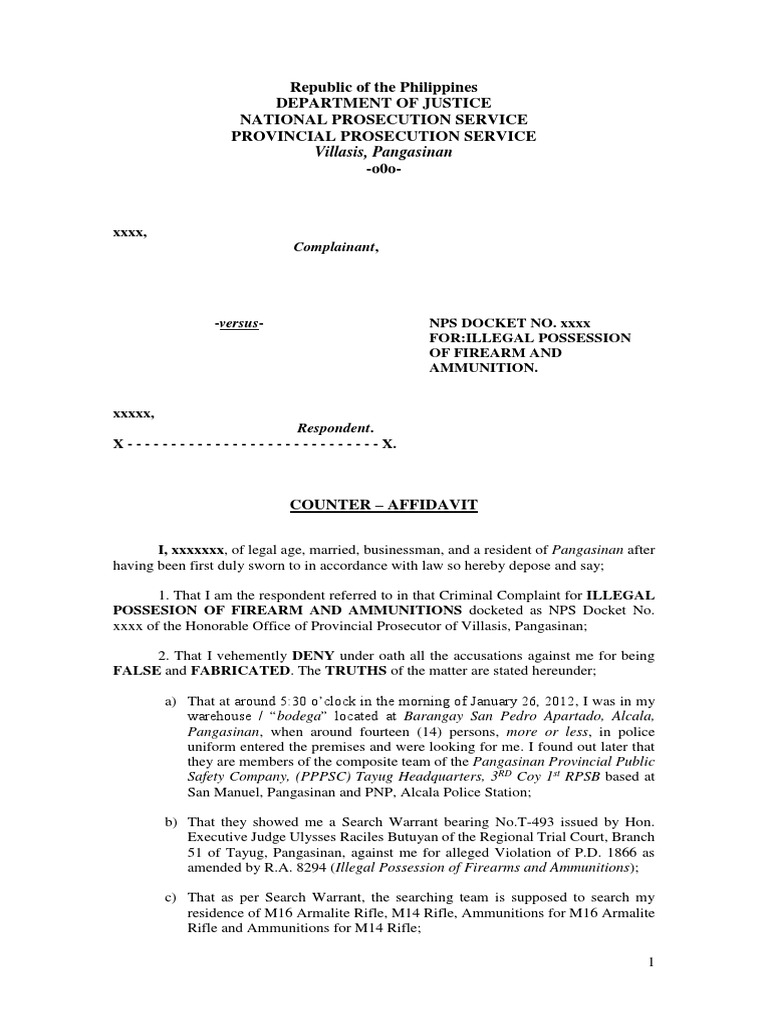 Counter-Affidavit Illegal Possession | PDF | Firearms | Prosecutor