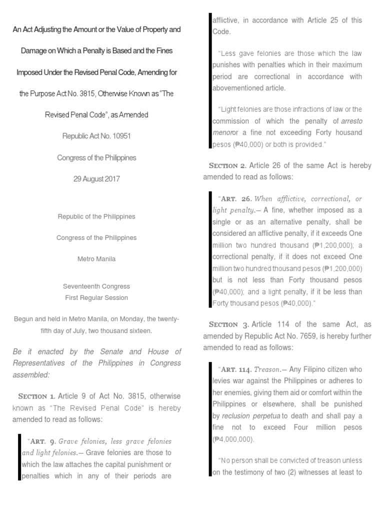 Ra 10951 | Download Free PDF | Treason | Fine (Penalty)