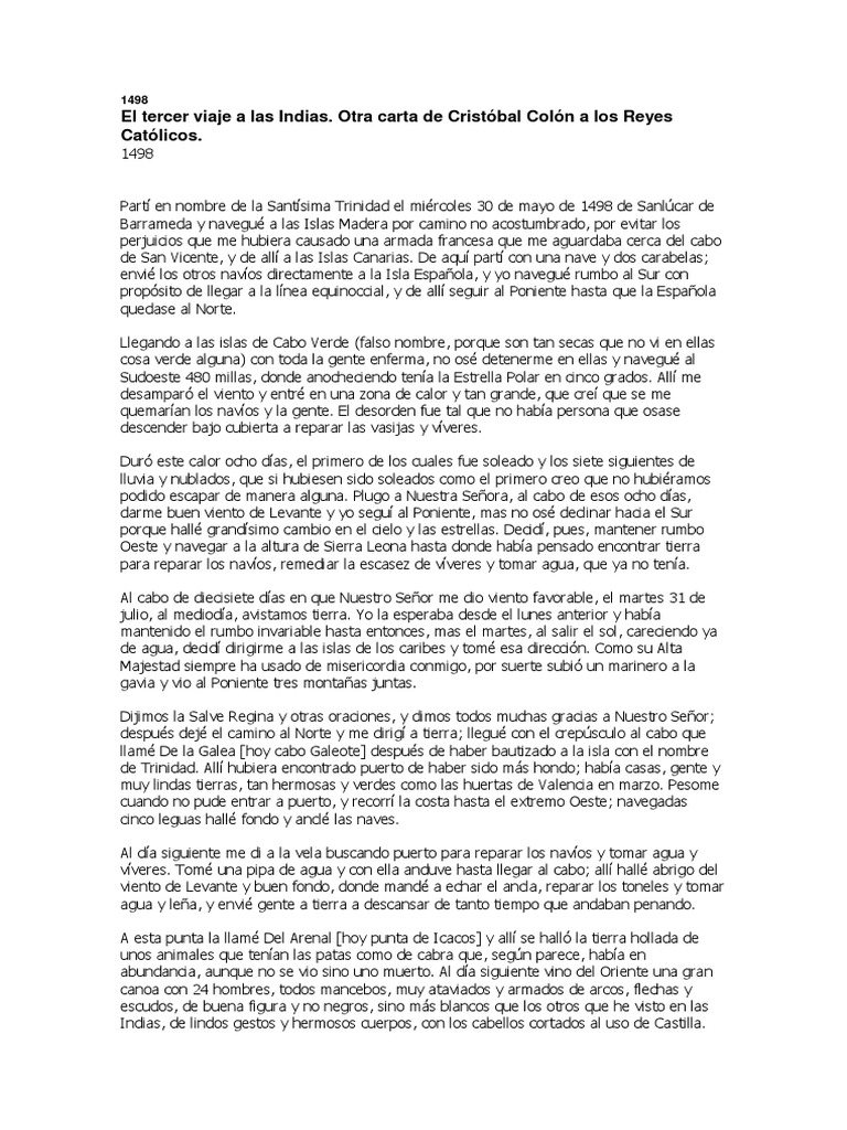 Carta de Colón a los Reyes Católicos 1498 | PDF | Cristobal colon ...