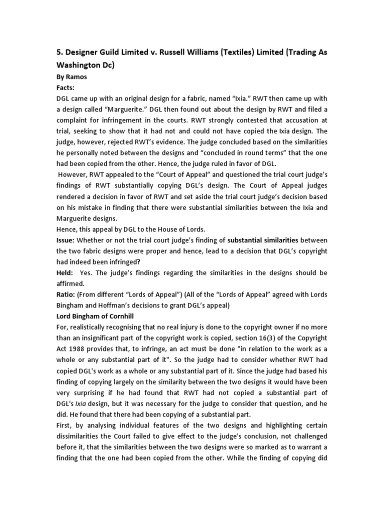 Designer Guild Limited v. Russell Williams (Textiles) Limited (Trading ...