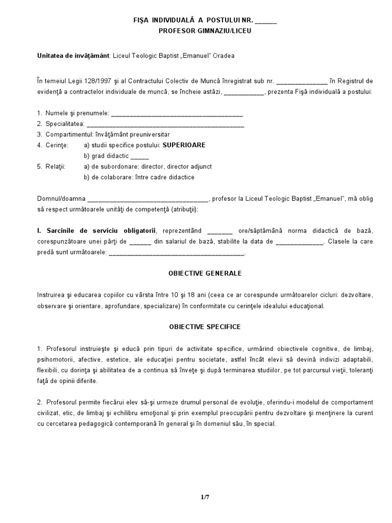 Fisa Postului Profesor | PDF