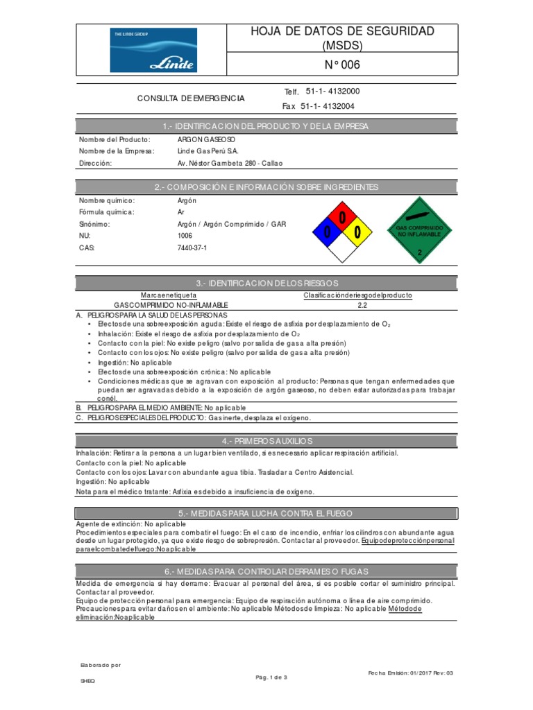 MSDS Argón Gaseoso | Gases | Oxígeno