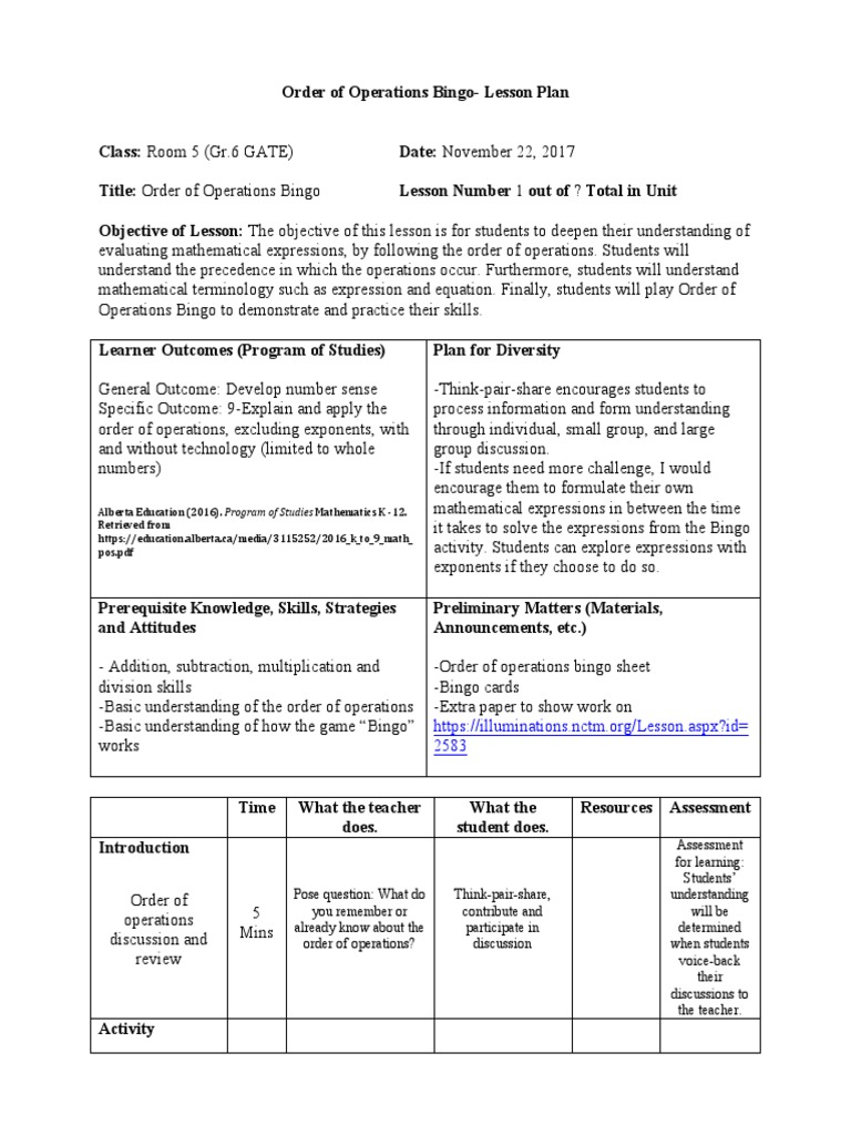Order of Operations Bingo Lesson Plan | PDF | Lesson Plan | Educational ...
