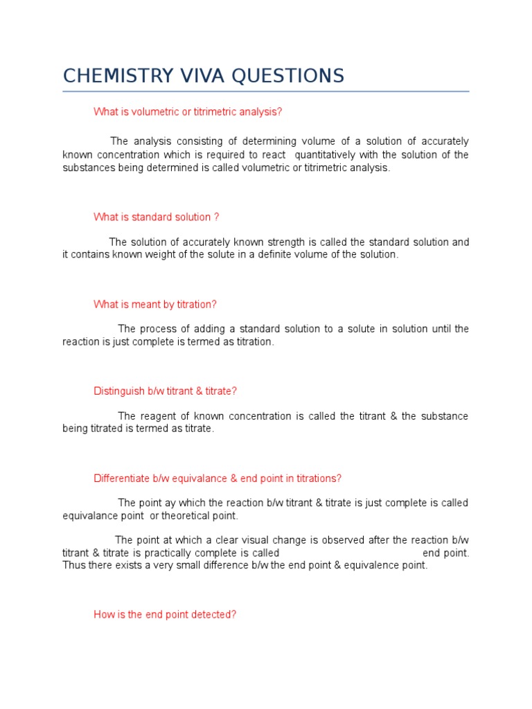 Chemistry Viva Questions | PDF | Titration | Chemistry