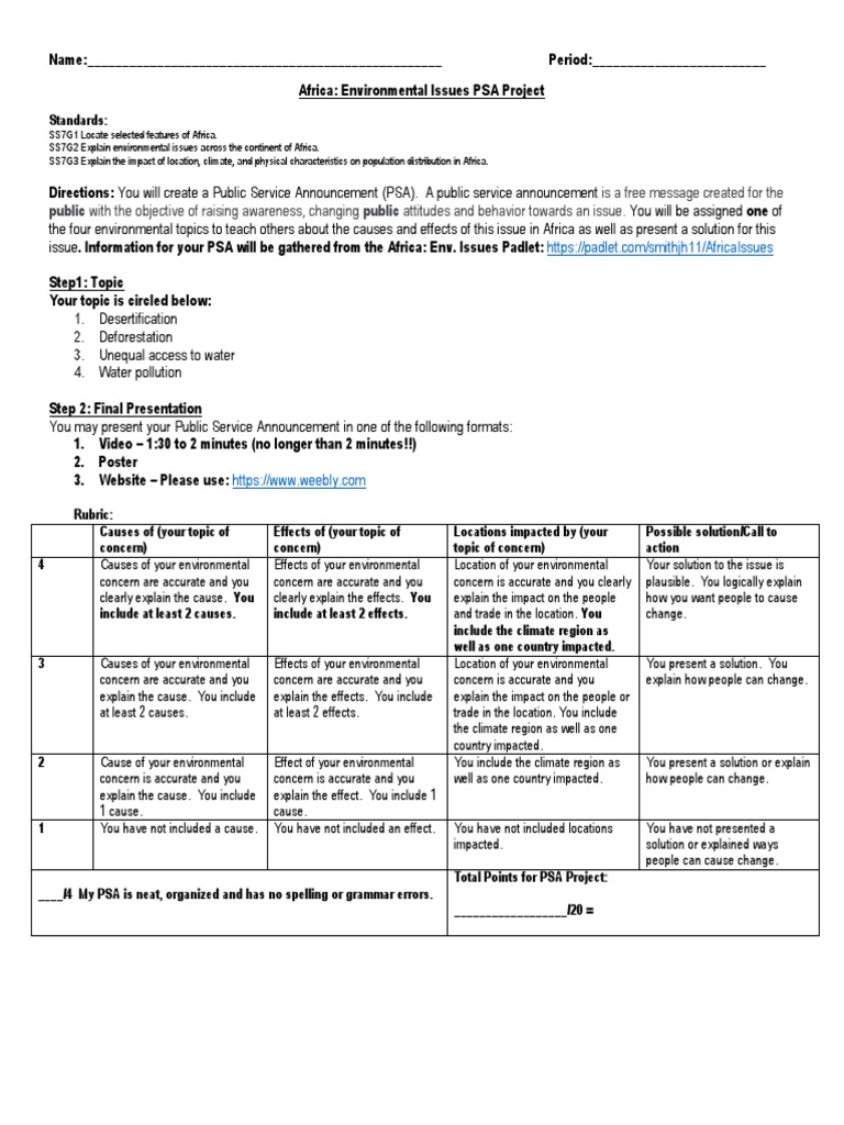 Africa Environmental Issues Project Directions and Rubric | PDF ...