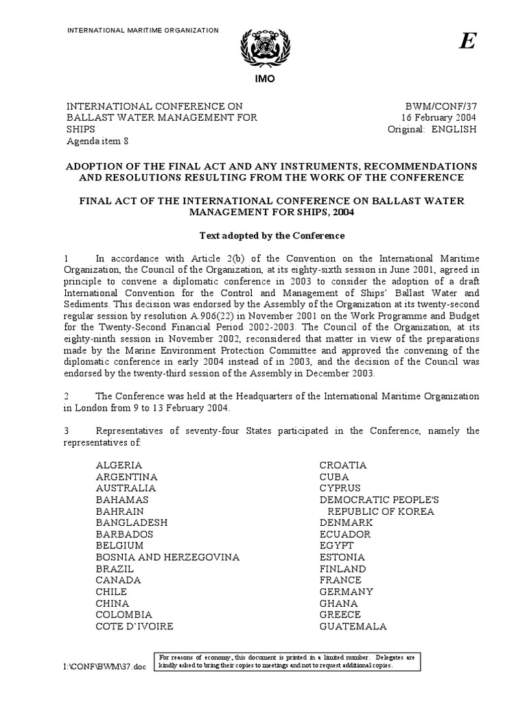 IMO BWM CONF 37-CONVENTION Ballast Water Management e | PDF | Ships ...