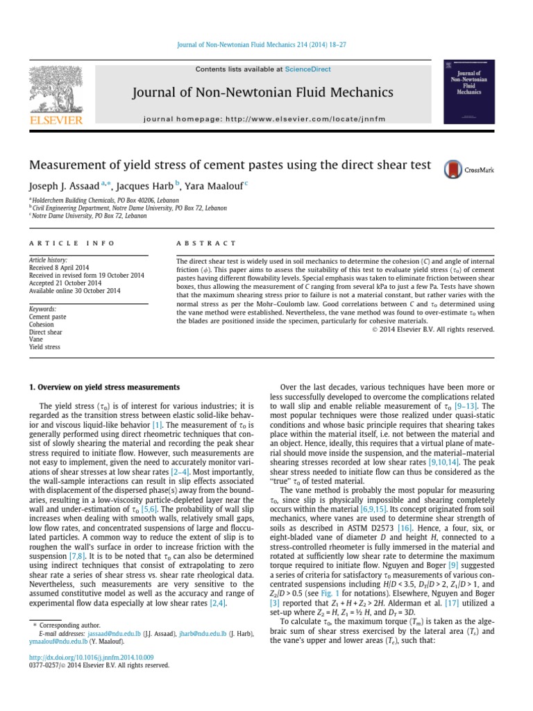 Measurement of Yield Stress of Cement Pastes Using The Direct Shear ...