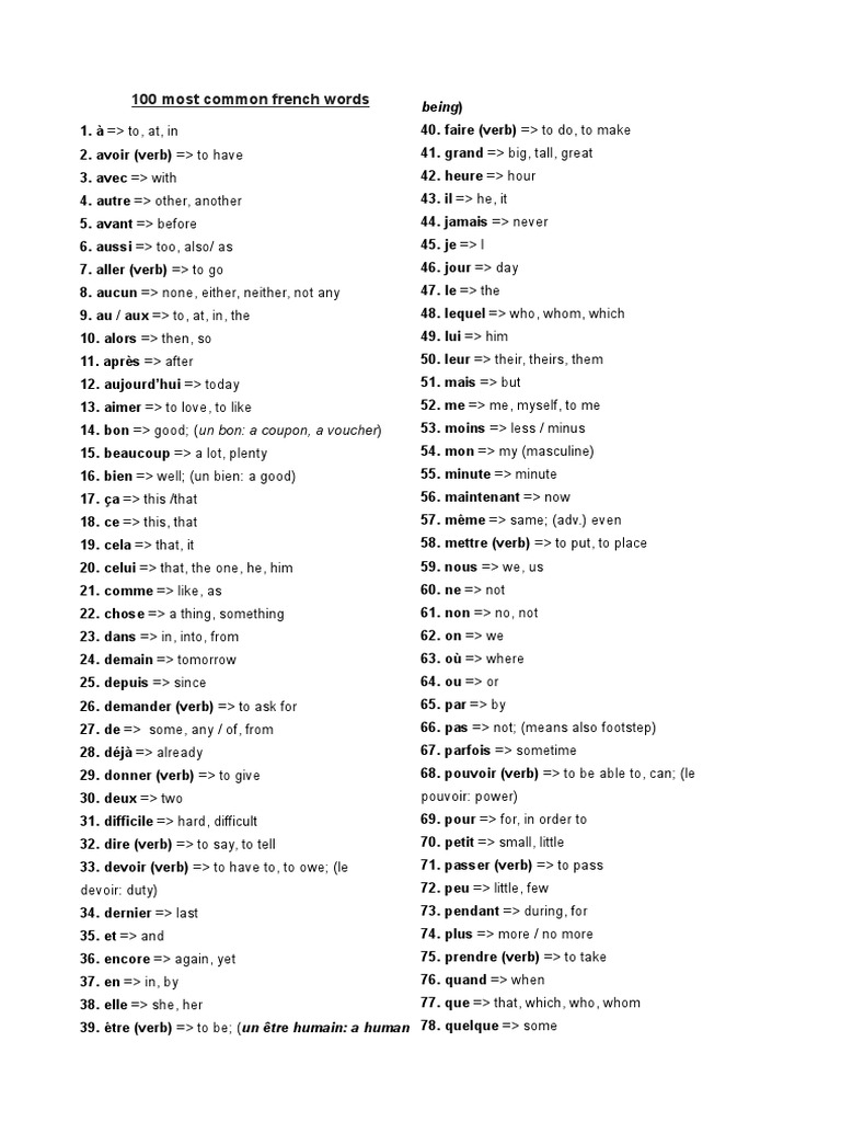 100 Most Common French Words | PDF