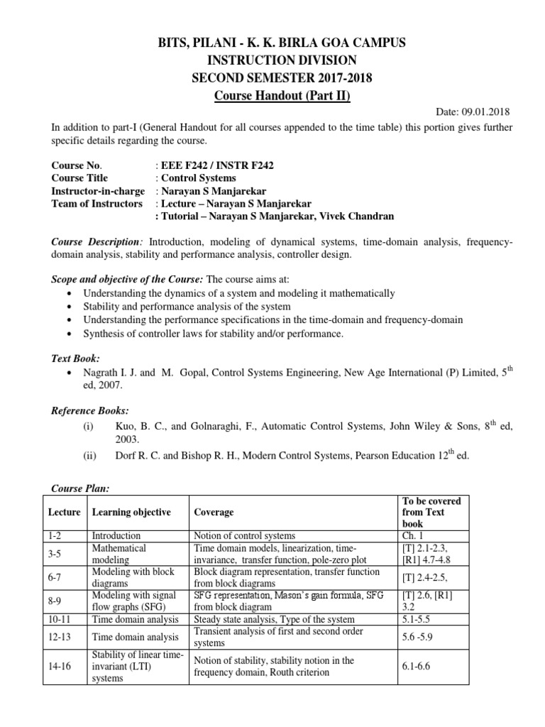 2017 18 Sem2 Handout EEE INSTR F242 Control Systems | PDF | Control Theory | Systems Theory