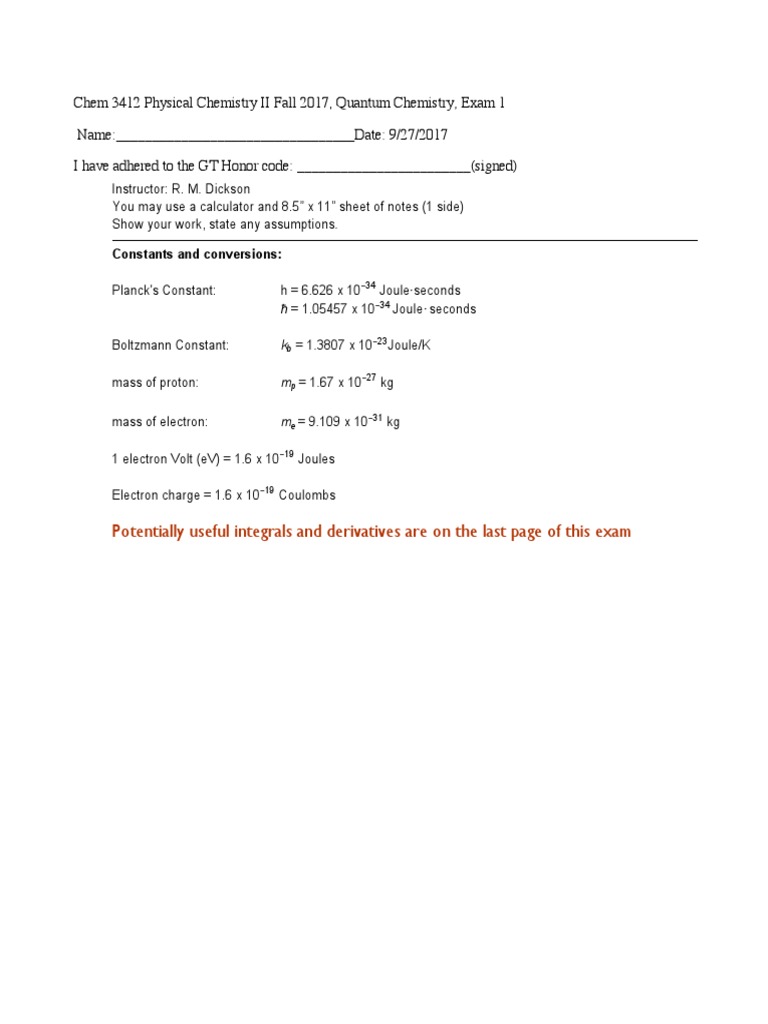 Quantum Chemistry Exam 1 Overview | PDF | Wave Function | Electronvolt