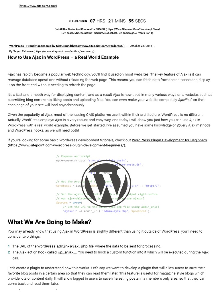 How To Use Ajax In Wordpress A Real World Example Sitepoint Pdf Ajax Programming J Query