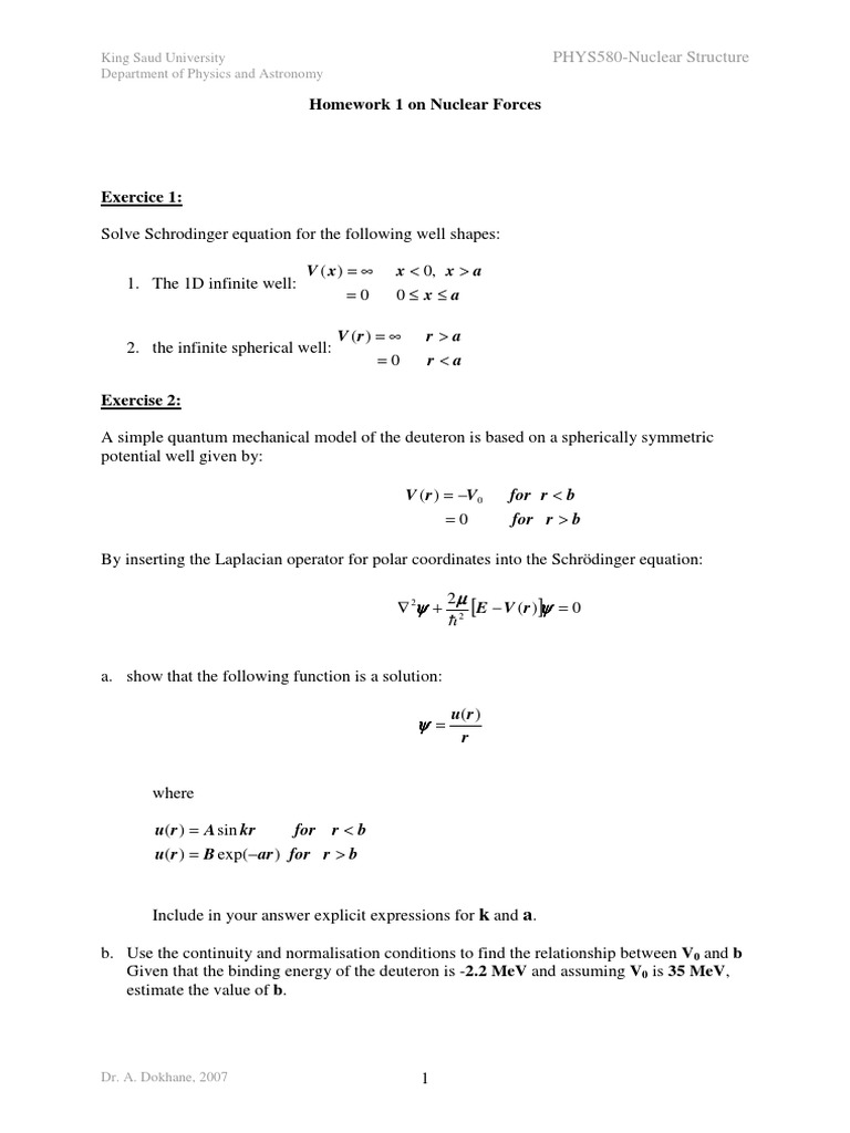 Nuclear Forces Homework Exercises | PDF | Schrödinger Equation ...