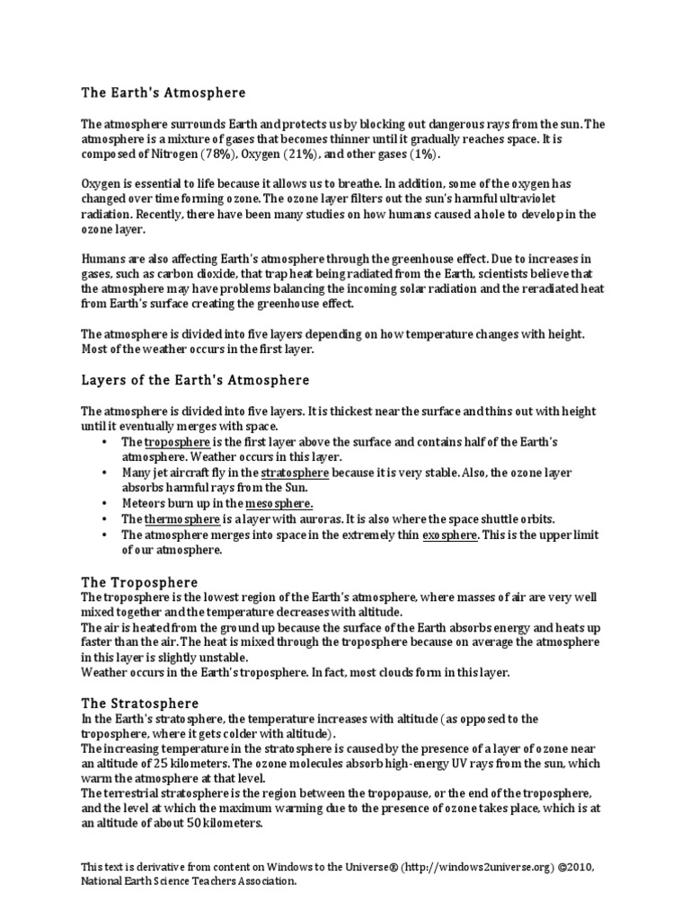 Layers of The Earth's Atmosphere Worksheet Includes Background Info ...