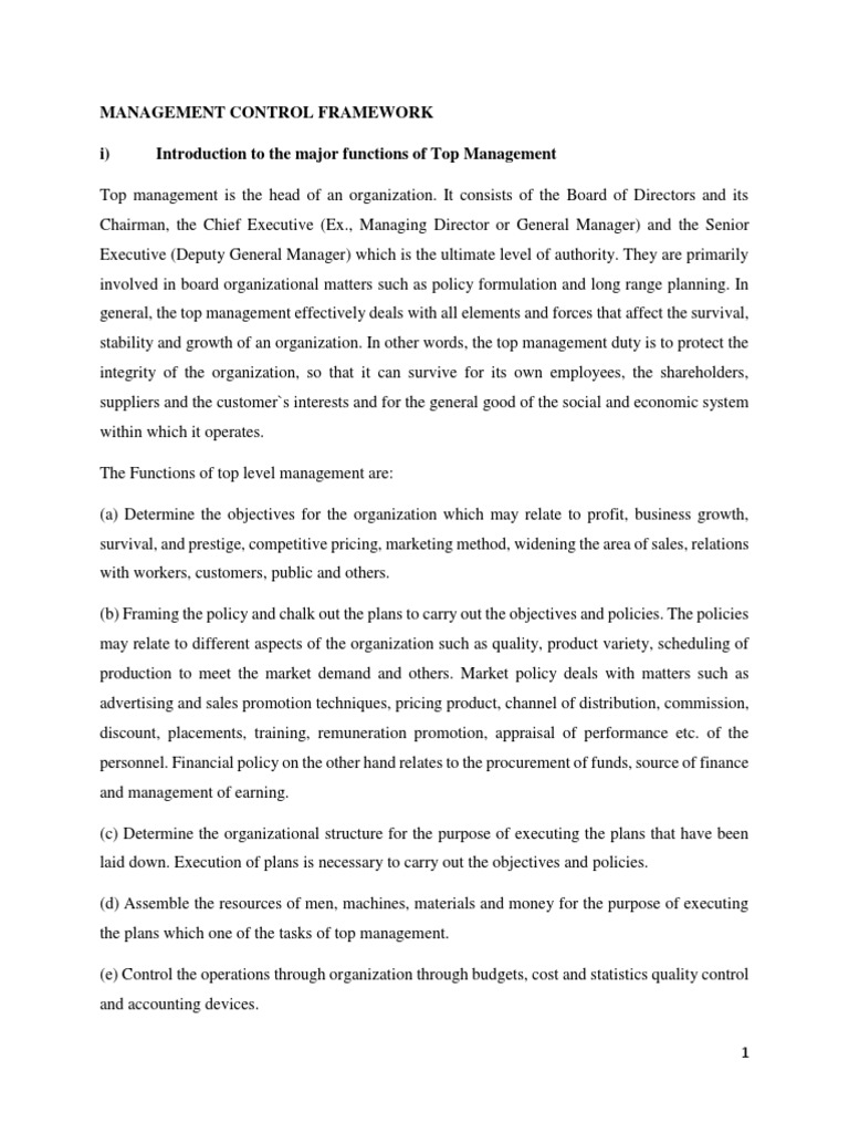 Management Control Framework I) Introduction To The Major Functions of ...