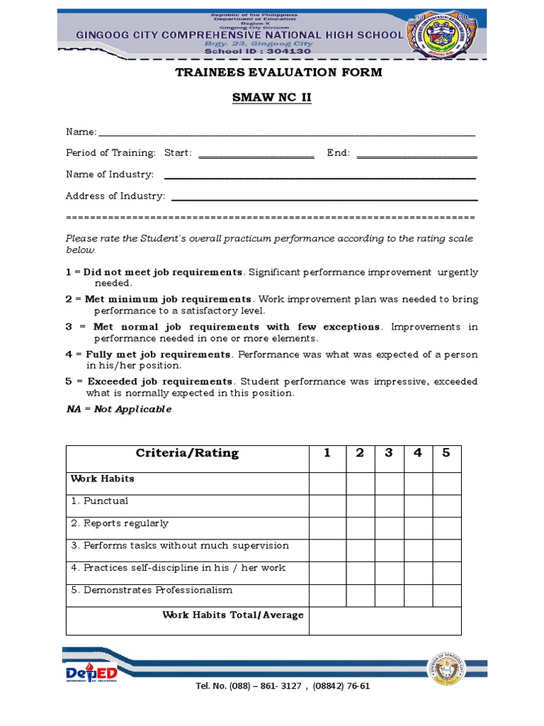 Smaw NC Ii Trainees Evaluation Form | PDF | Cognition | Psychology
