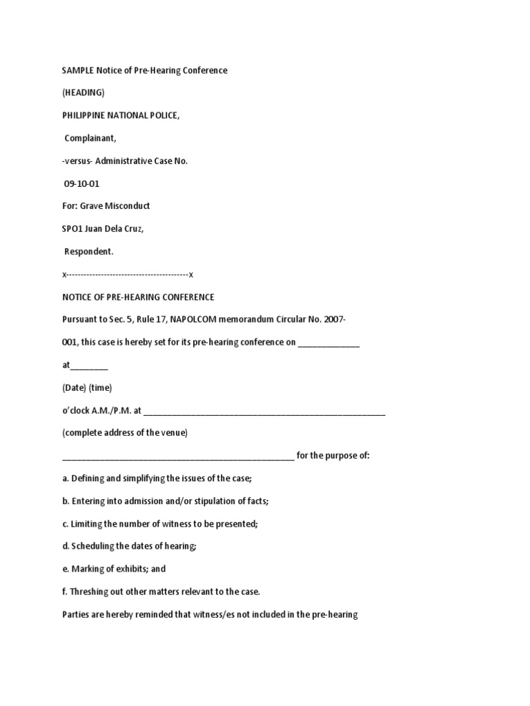 SAMPLE Notice of Pre Hearing Conference and Script | Social ...
