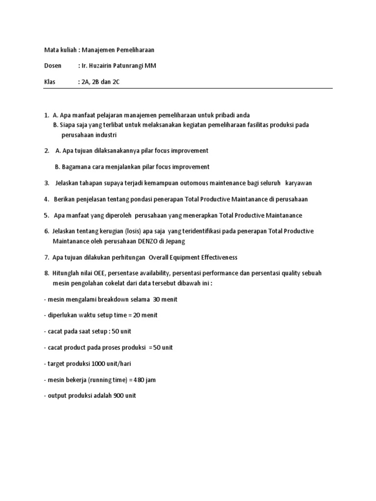 Soal Manajemen Pemeliharaan | PDF | Bisnis | Teknologi & Rekayasa