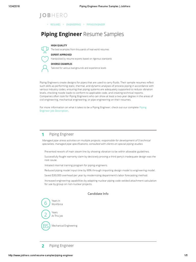 Piping Engineer Resume Samples _ JobHero | Engineering | Pipe (Fluid ...