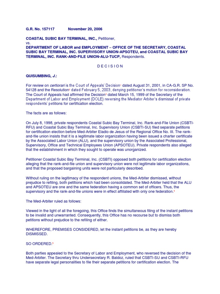 16 Coastal Subic Bay Terminal v. DOLE, 507 SCRA 300 (2006) | PDF ...