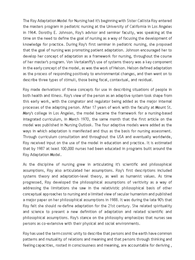 The Roy Adaptation Model For Nursing Had It | PDF | Nursing | System