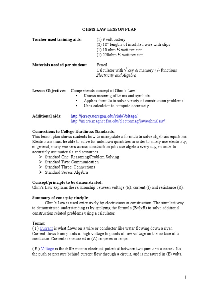 Mastering Ohm's Law: A Comprehensive Lesson Plan for Teaching Students ...