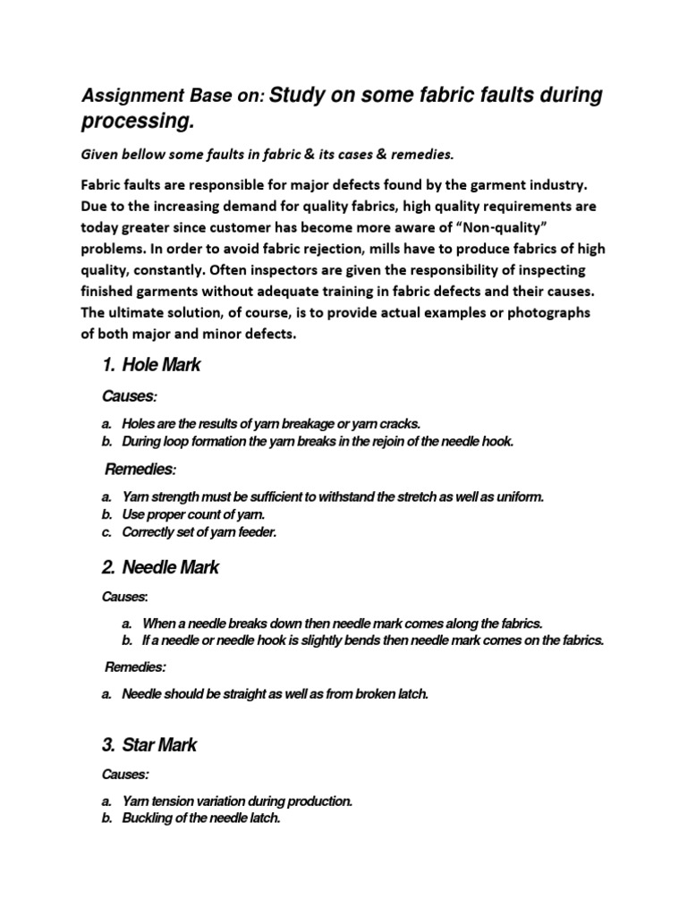 Assignment Base On: Study On Some Fabric Faults During Processing ...