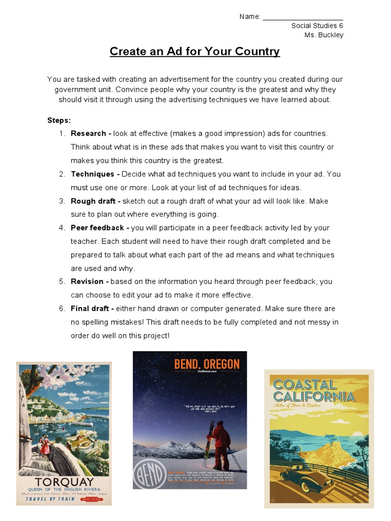 Create an Ad for Your Country Project | PDF | Career & Growth