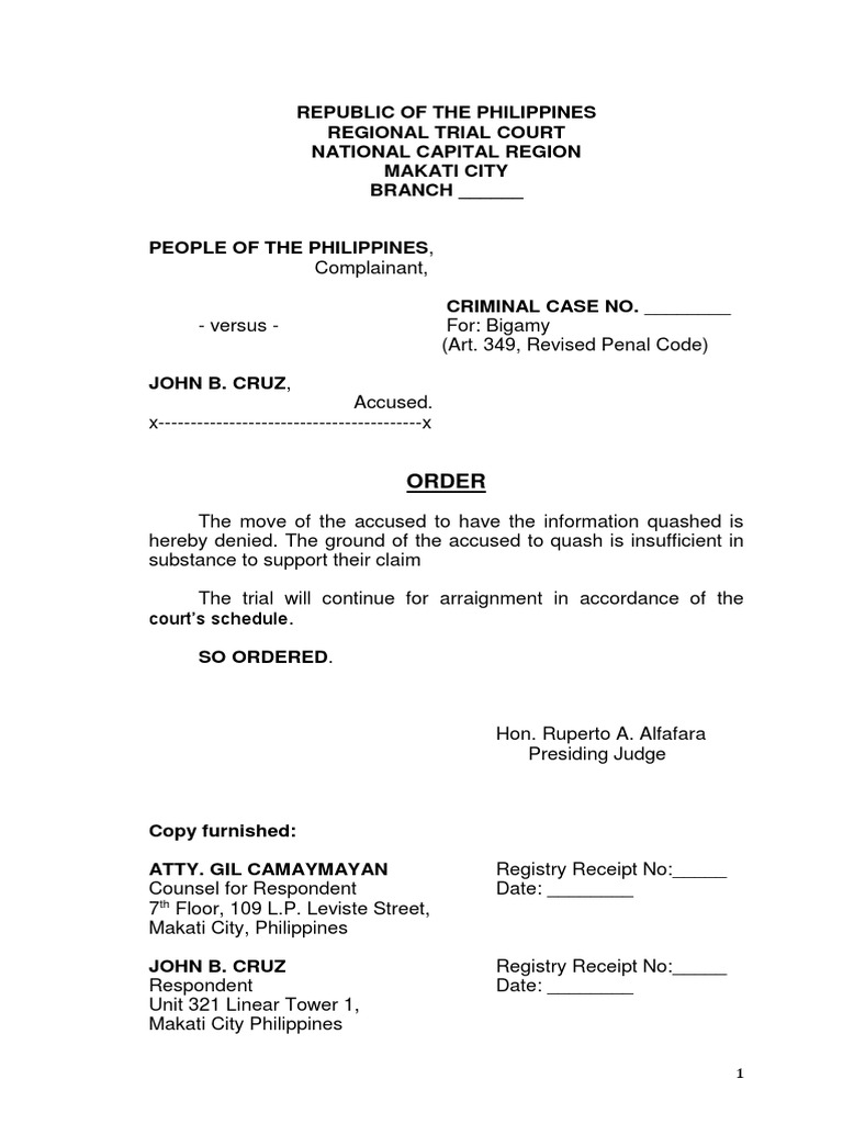 Republic of The Philippines Regional Trial Court National Capital ...