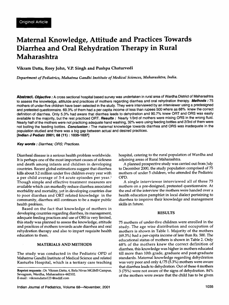 Maternal Knowledge, Attitude and Practices Towards Diarrhea and Oral ...
