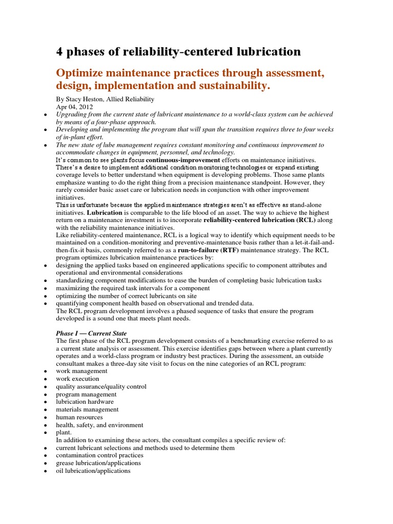 4 Phases of Reliability Centered Lubrication | PDF | Motor Oil ...