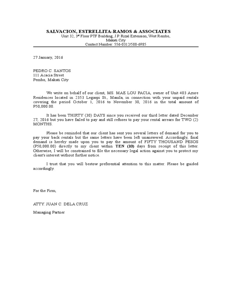 Demand Letter For Condo Rental | PDF