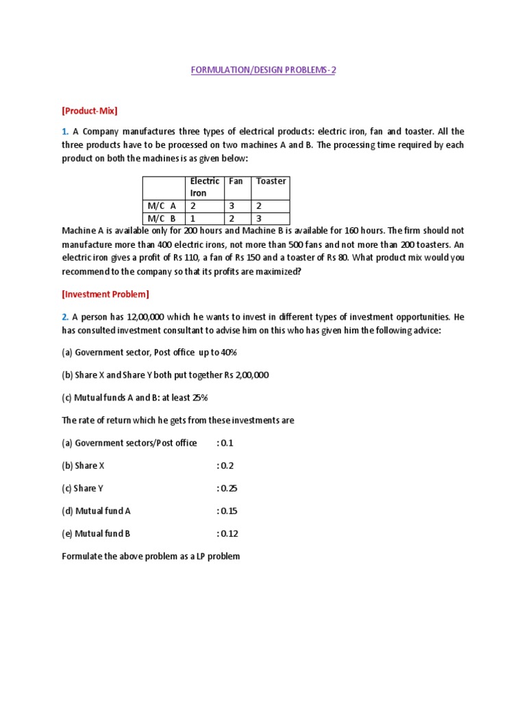 (Product-Mix) : Formulation/Design Problems-2 | PDF