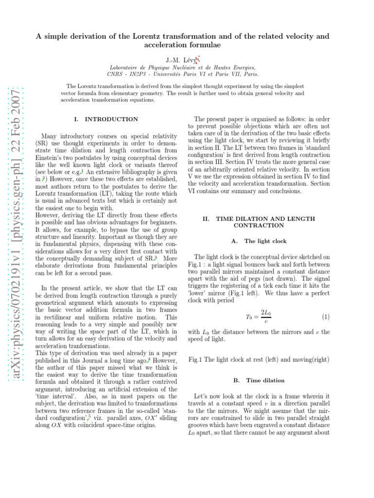 A Simple Derivation Of The Lorentz Transformation Pdf Acceleration